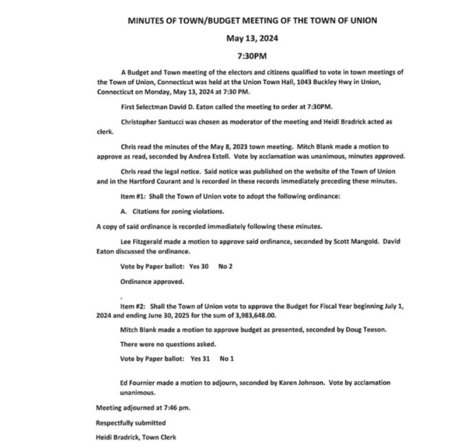 2024 Town Meeting Minutes – Town of Union, Connecticut | Established 1734